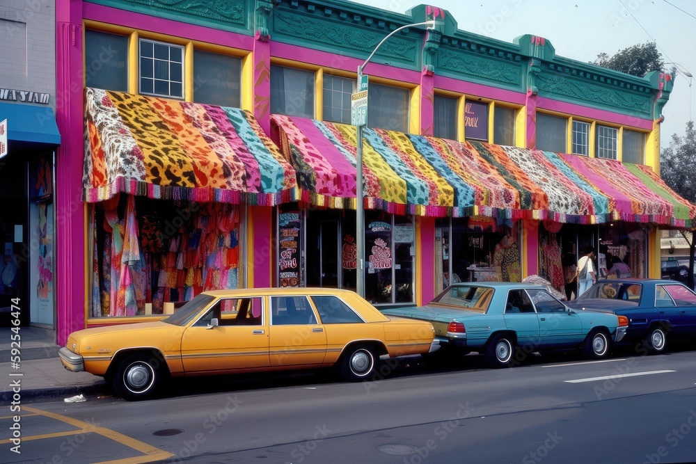 80s-style store exterior with brightly colored and patterned awnings ...