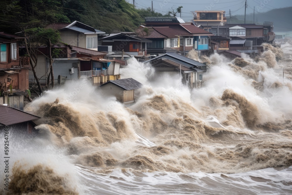 tsunami rushes toward shore, bringing with it massive waves and ...