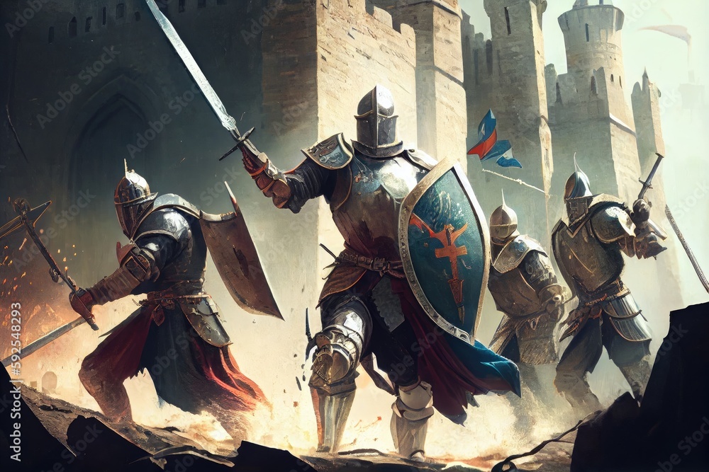 a group of knights storming a medieval fortress, with swords and ...