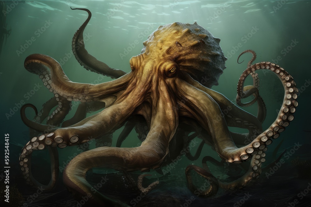 octopus kraken monster rising from the depths, with its eight tentacles ready to prey, created ...