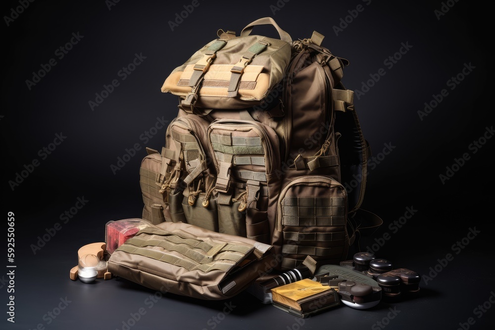 military backpack, filled with different types of ammunition and ...