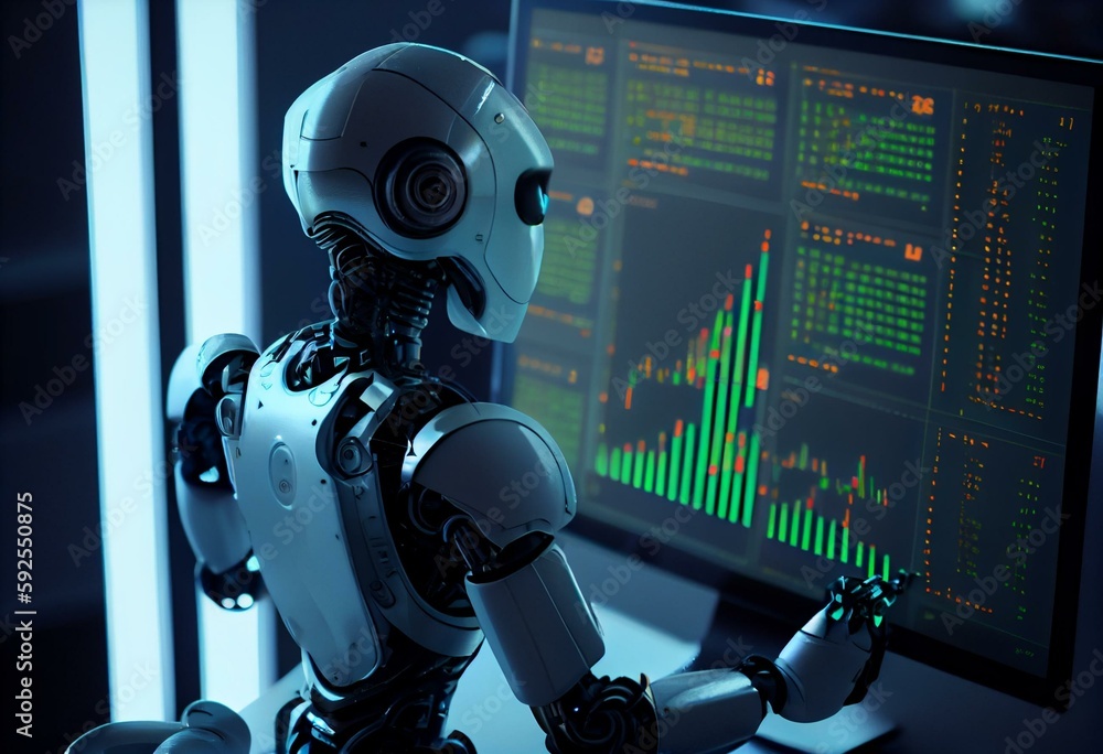 Robot trading on candlestick chart of a computer screen using ... Robot trading on candlestick chart of a computer screen using ...