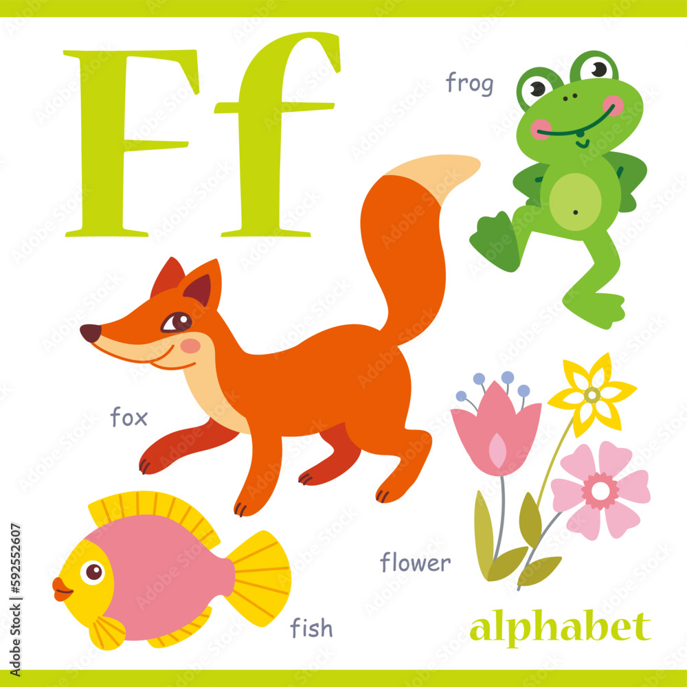 Alphabet letter F with cartoon vocabulary illustration: fox, frog ...