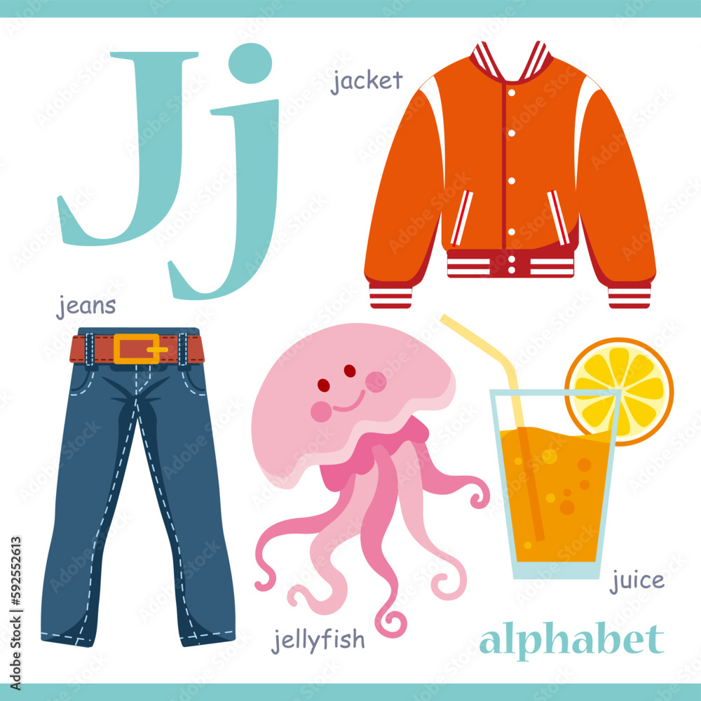 Alphabet letter J with cartoon vocabulary illustration: jacket, jeans, jellyfish, juice. Cute ...