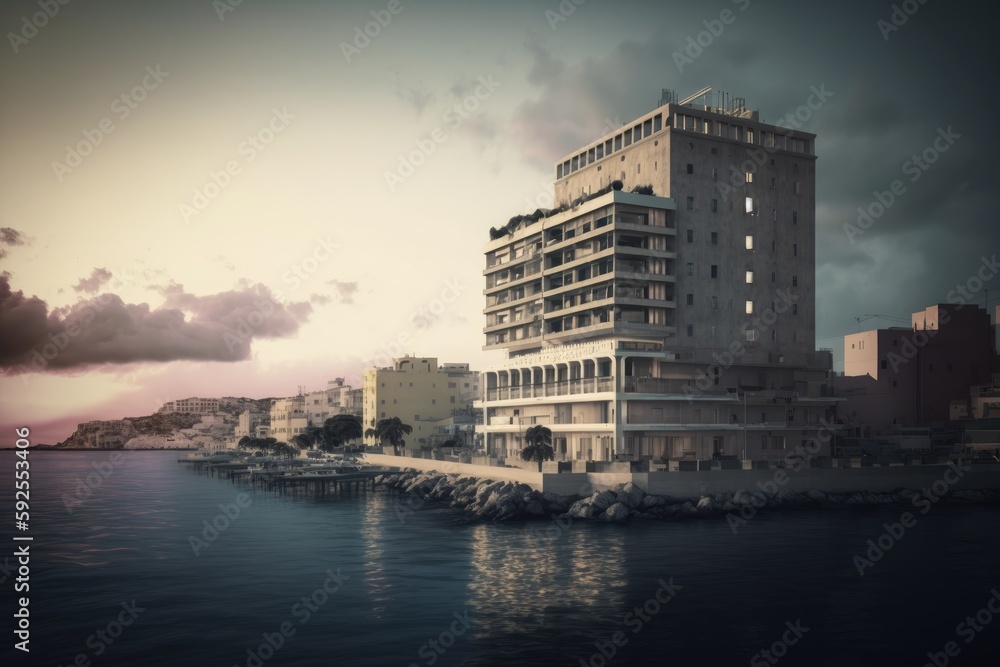 modern, high-rise hotel overlooking the water and city skyline in crete ...