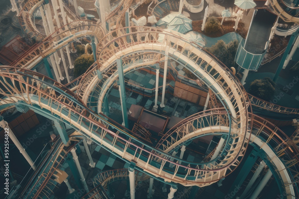 dizzying and dreamlike scene of a roller coaster, with the view from ...