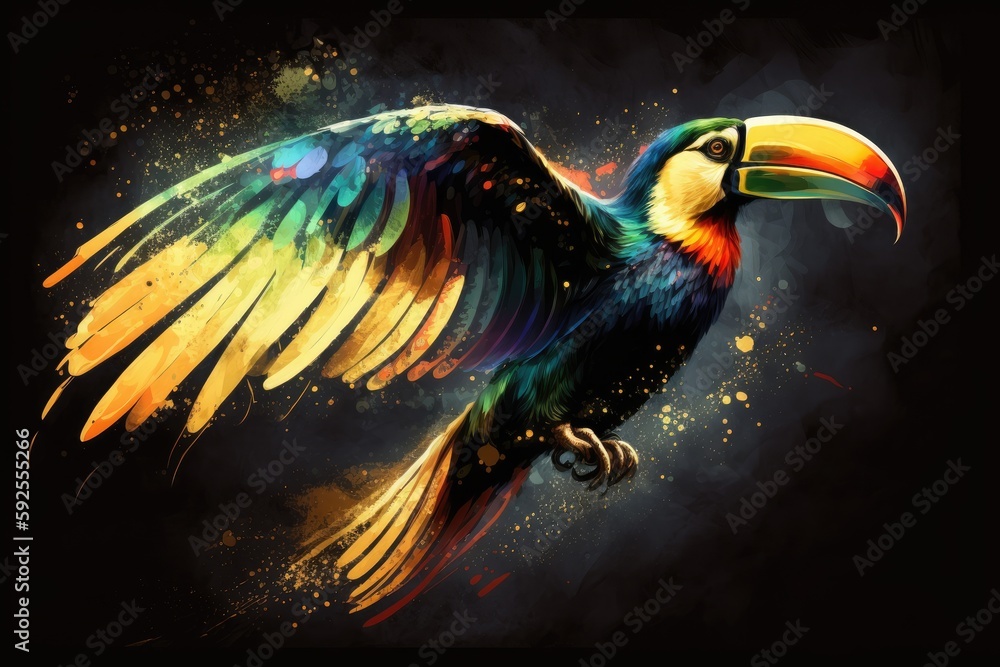flying tucan bird, its colorful feathers shining in the sunlight ...