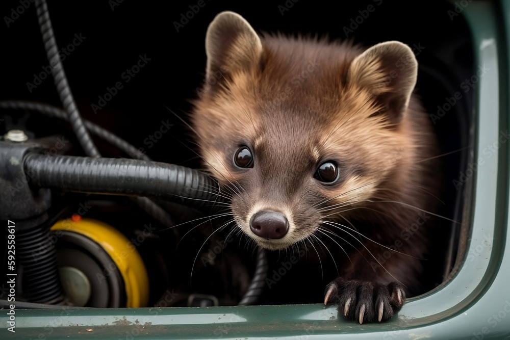 Marder im Motorraum eines Autos mit Kabeln und Schläuchen Stock Photo ...