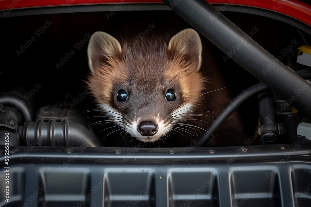 Foto de Marder im Motorraum eines Autos mit Kabeln und Schläuchen do Stock | Adobe Stock