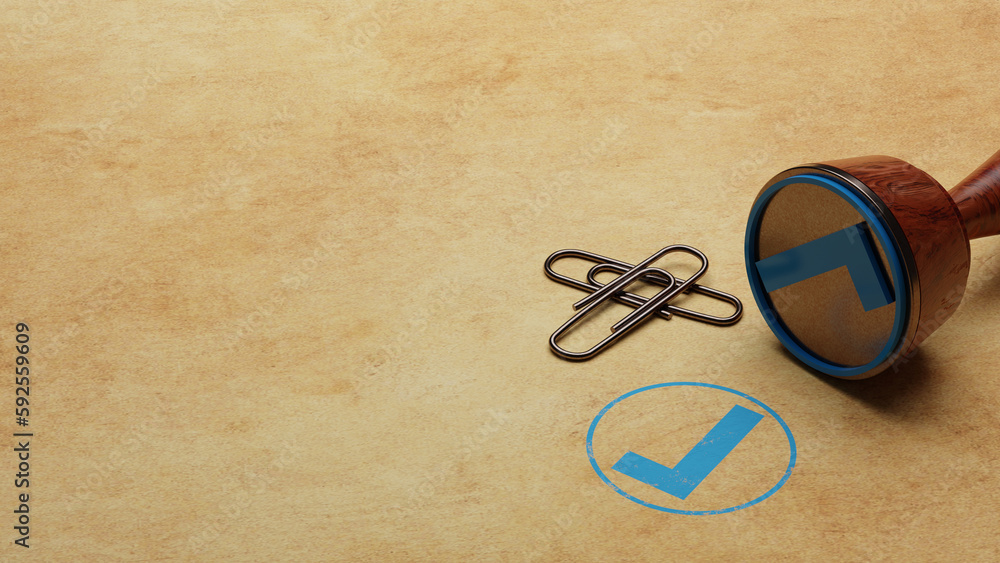 Blue check mark and rubber stamp over paper background. Concept of ...