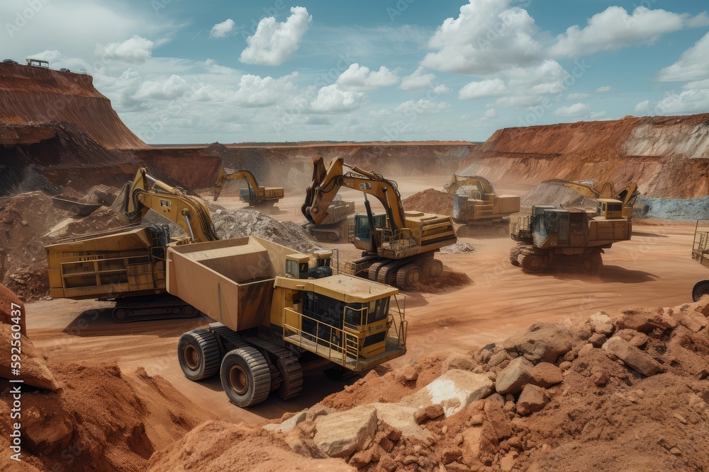 surface mining operation, with massive earthmoving equipment moving ...