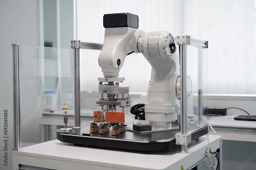 robot, with safety control panel and emergency stop button, in ...