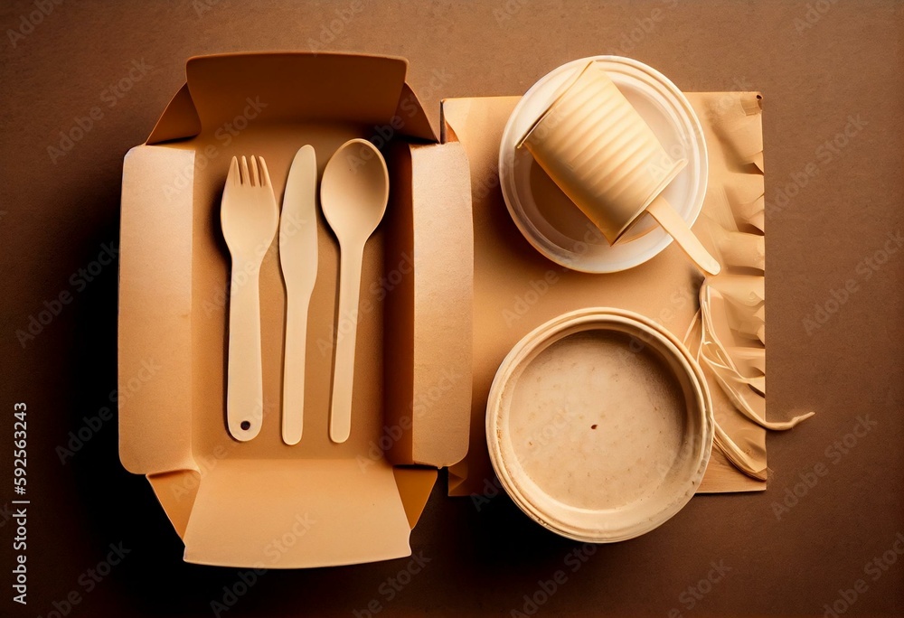 Eco friendly disposable dishware for takeout. Double border on a brown ...