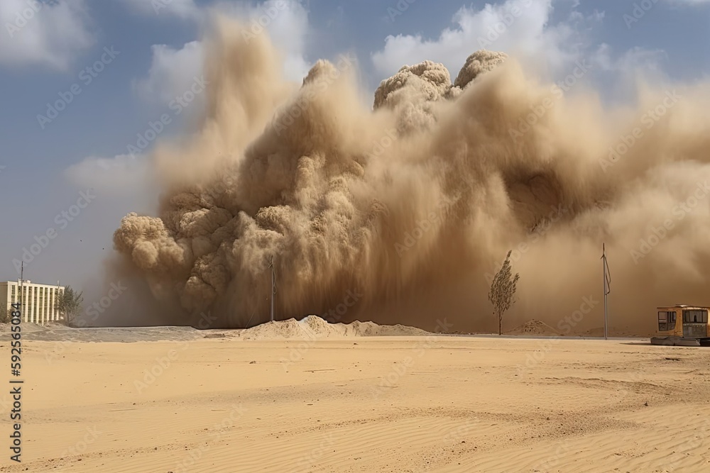 sand explosion, with smoke and fire billowing from the blast site ...