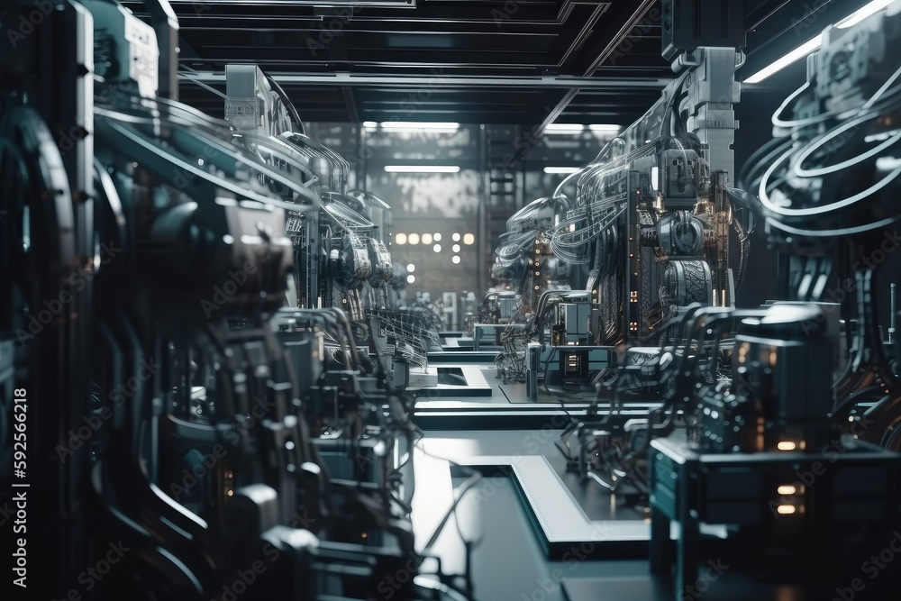complex assembly line with intricate network of robotic arms and ...