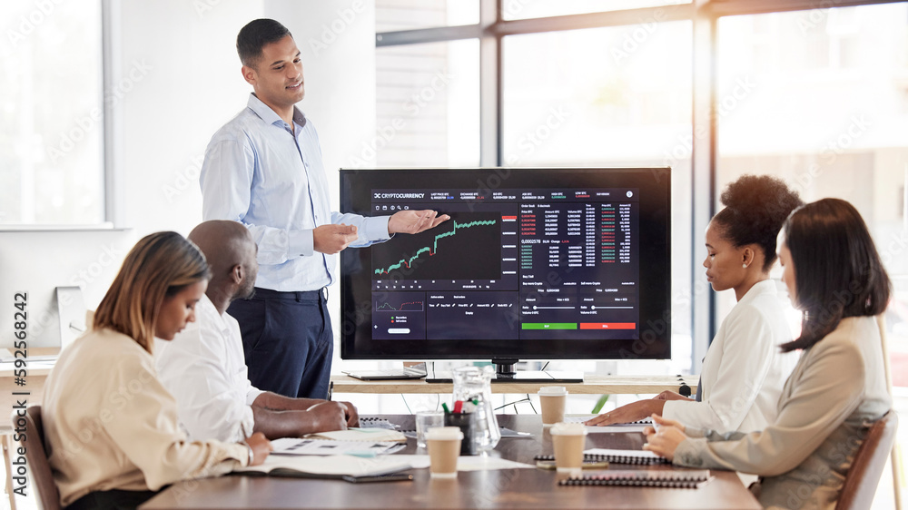 Business people, stock market dashboard on screen and coach for trading ...