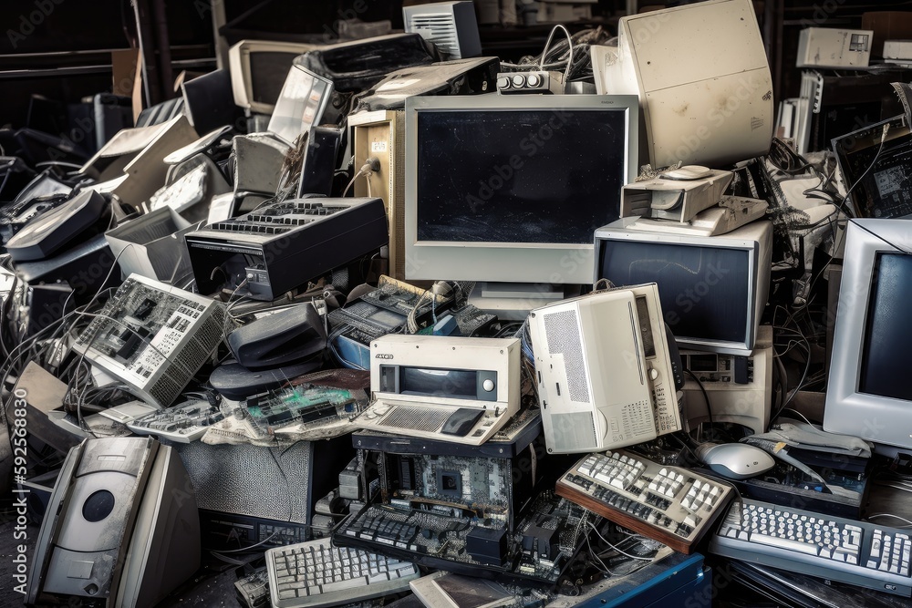 electronic scrapyard, with piles of old computers, phones and other ...