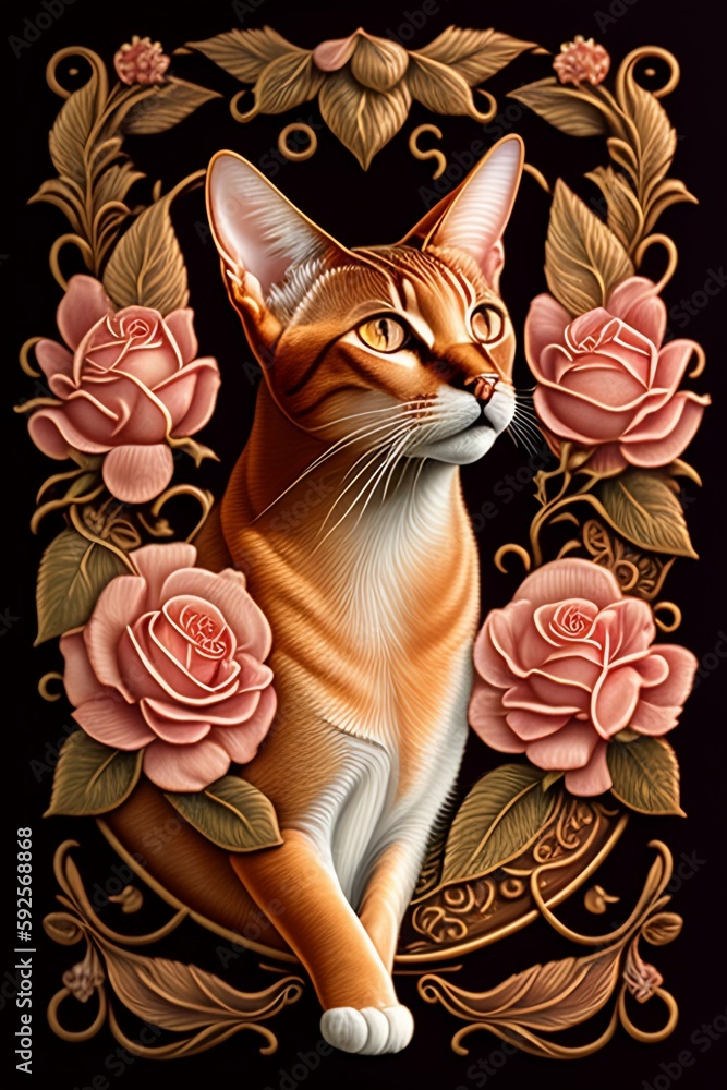 Abyssinian cat with classical floral elements emanating from centre of ...