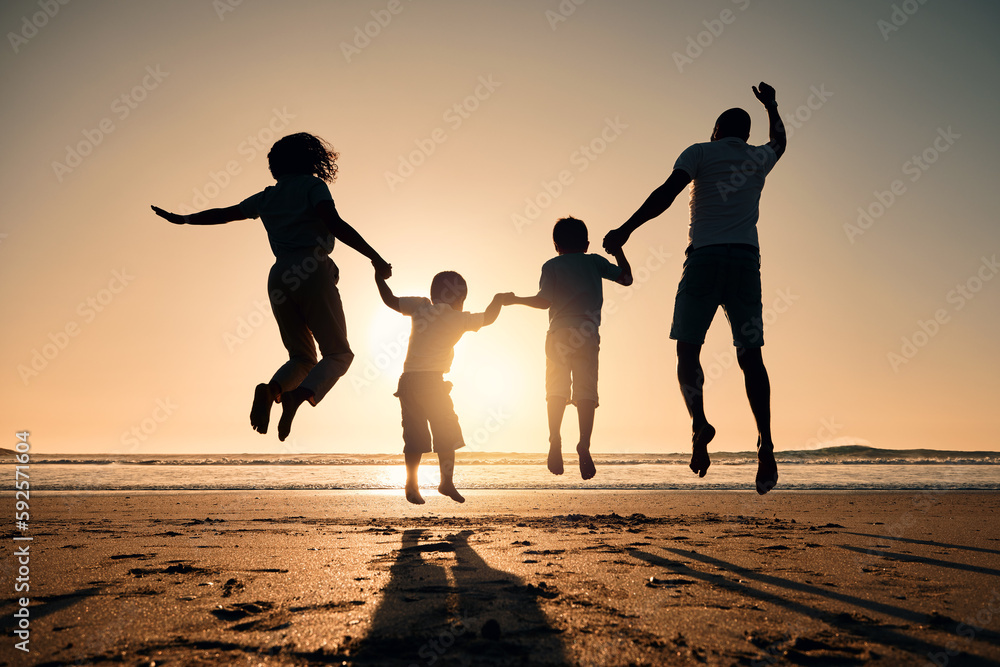 Beach silhouette, sunset and a family jump for freedom, summer energy ...