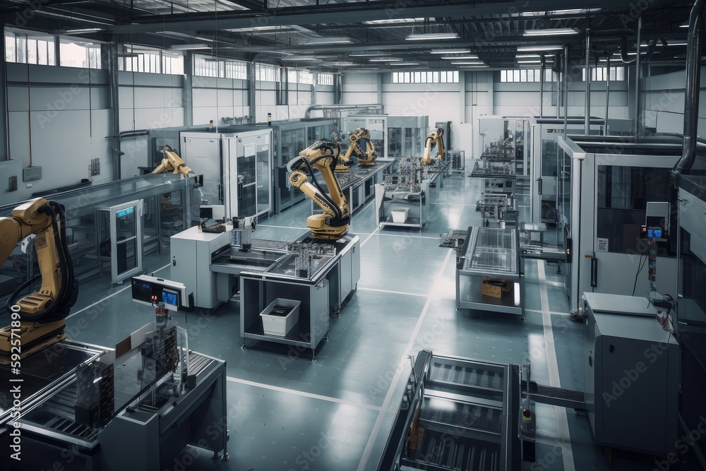 factory floor teeming with robotic assembly lines, producing high-tech ...