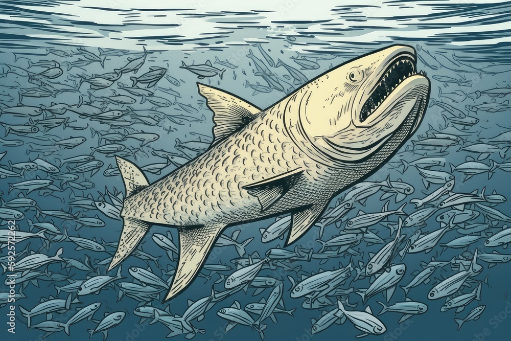 sea monster swimming among schools of fish, with dorsal fin visible ...