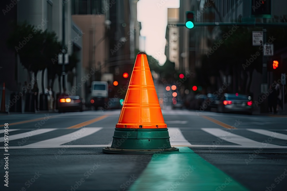 traffic cone in the middle of crosswalk, with signal lights turning red ...
