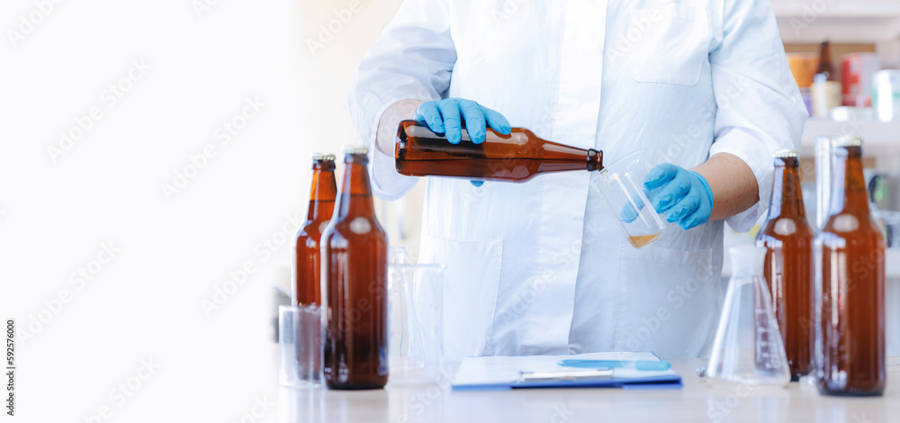 Banner brewery industry, white background. Factory worker of laboratory ...