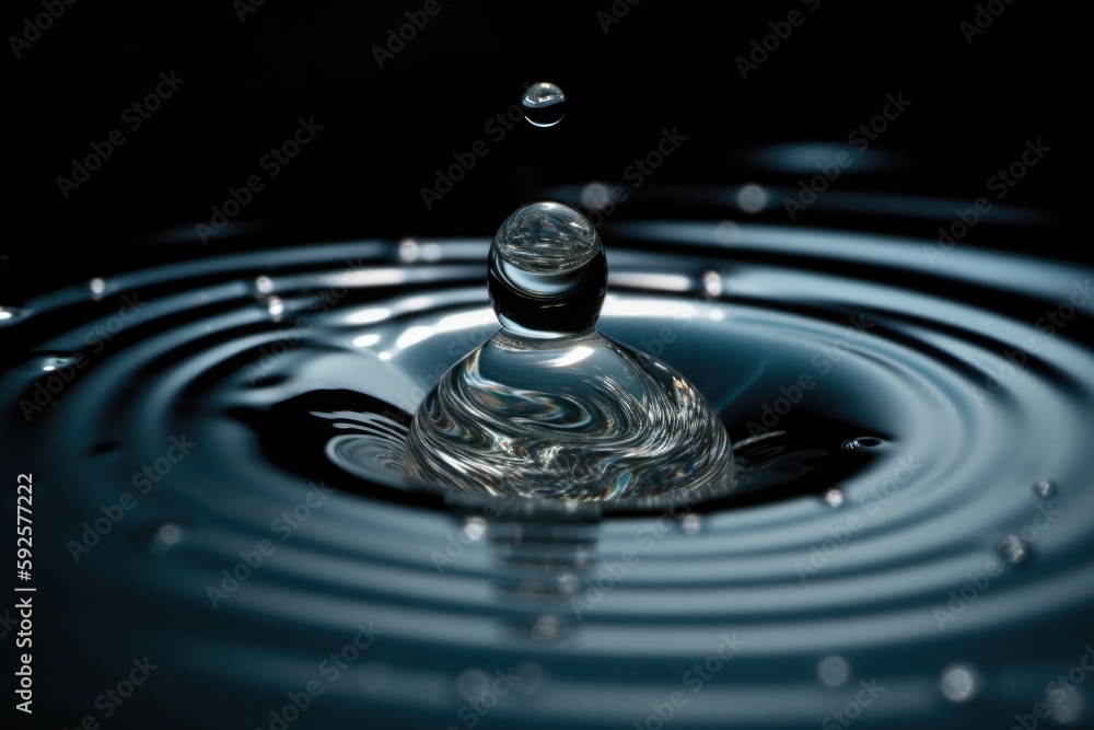 A macro shot of a water droplet falling into a pool of water, with ...