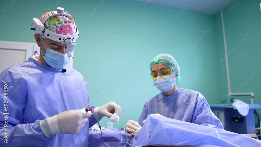 Mid-aged surgeon takes a device to use it at eyelid operation ...