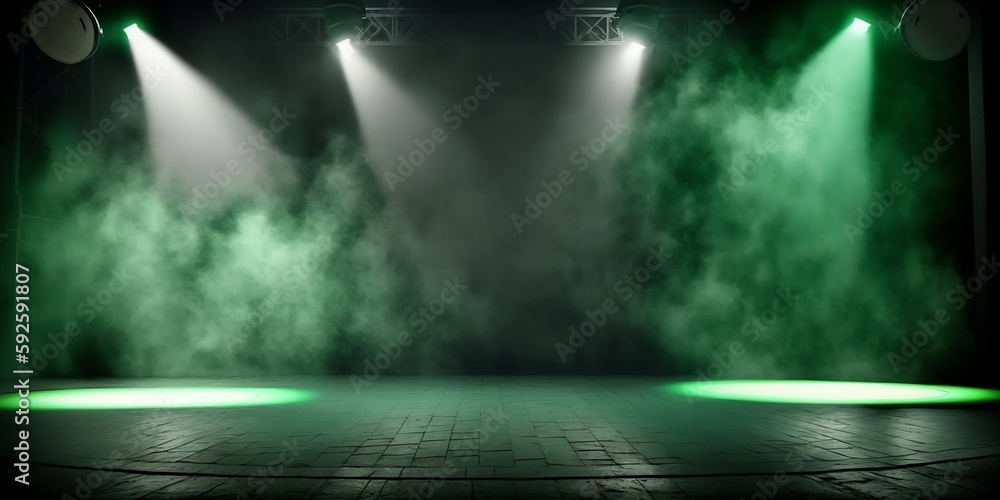 Green spotlights shine on stage floor in dark room, idea for background ...