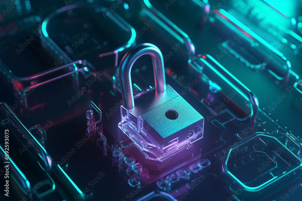 Cyber security - conceptual illustration of a microprocessor in the shape of a lock. Generative ...