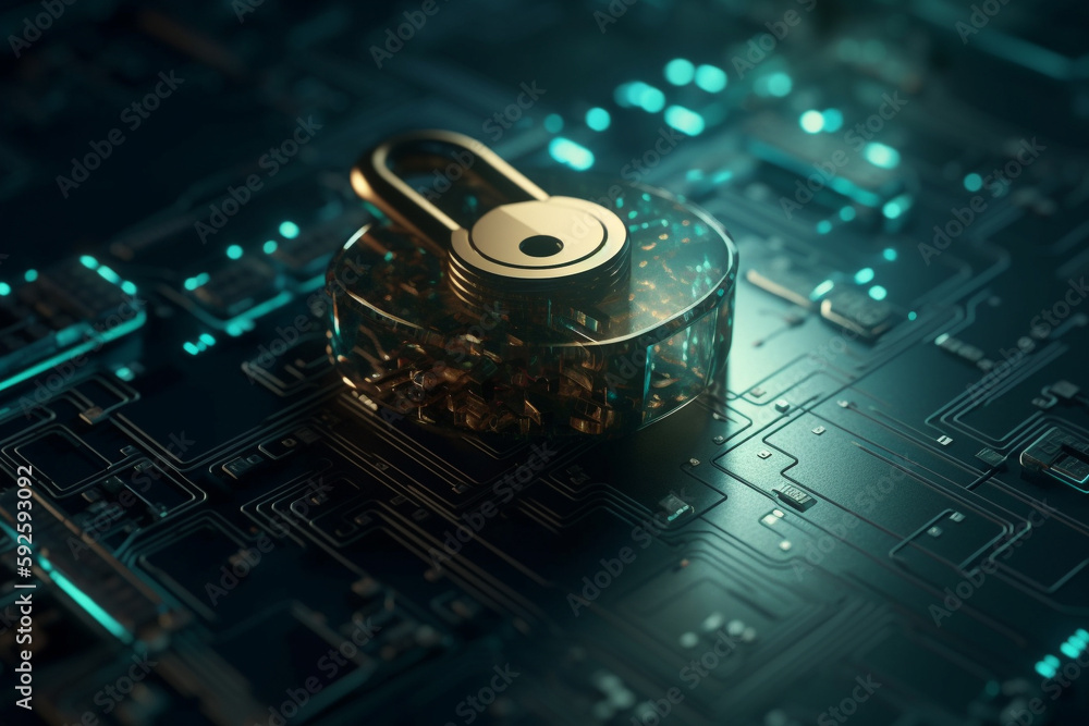 Cyber security - conceptual illustration of a microprocessor in the shape of a lock. Generative ...