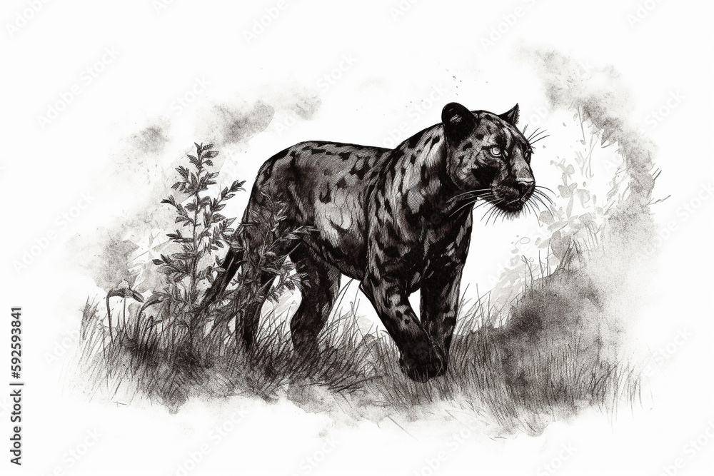 Hand drawn ink illustration of a black panther in its natural habitat ...