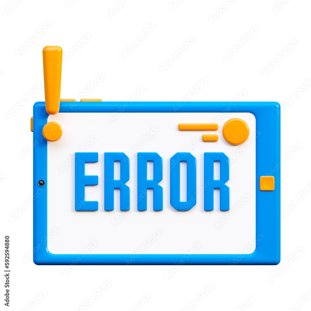 3D tablet icon with an image of an error on the main screen. 3D render ...