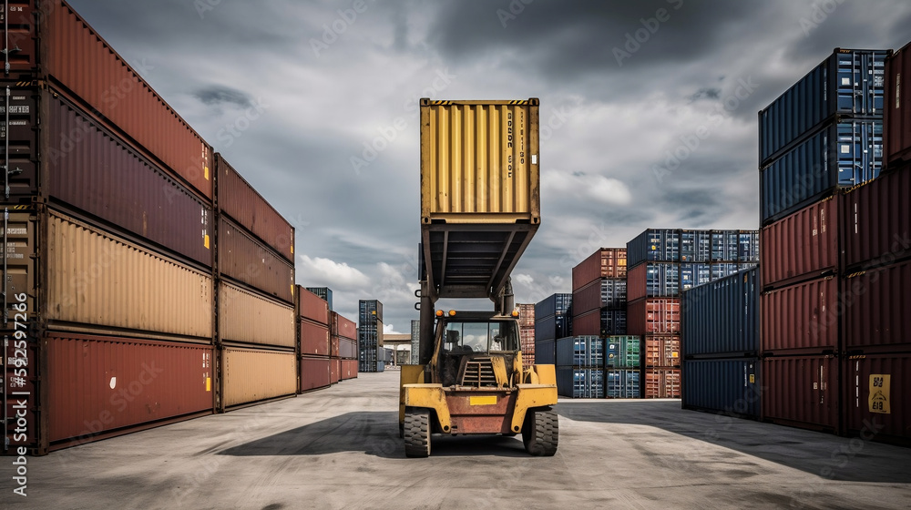 Container stacker crane lifting up stacking container box in yard ...