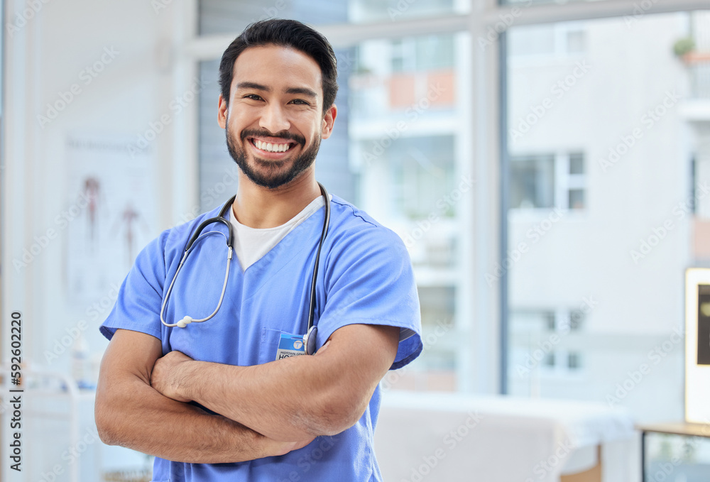 Healthcare, happy doctor and portrait of man in clinic for insurance ...