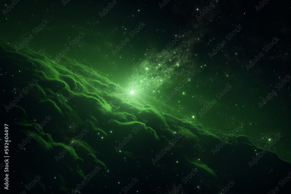 bright green star in starfield dark galaxy planets in a free space ...