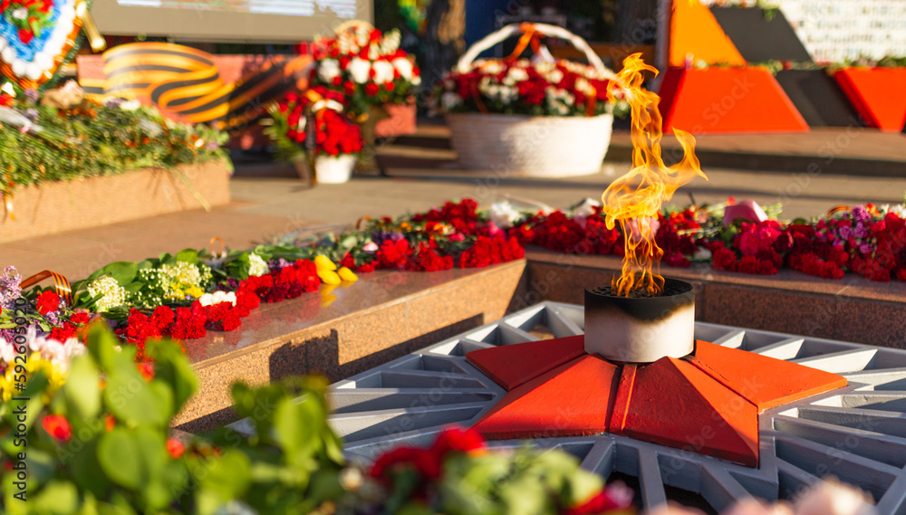 Victory Day, 9 May holiday concept. ribbon of St.George and flowers ...