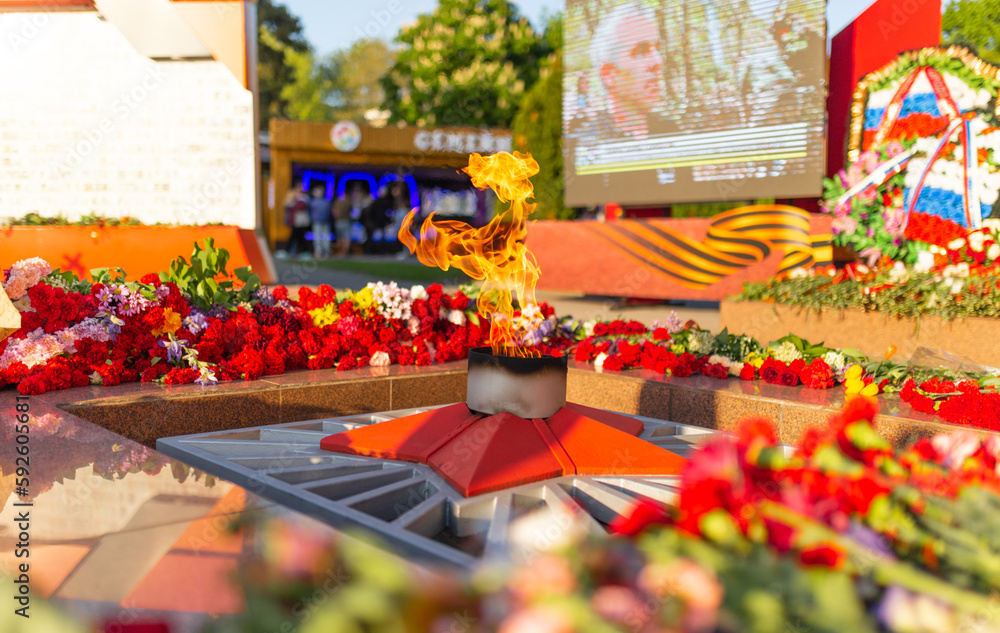 Victory Day, 9 May holiday concept. ribbon of St.George and flowers ...