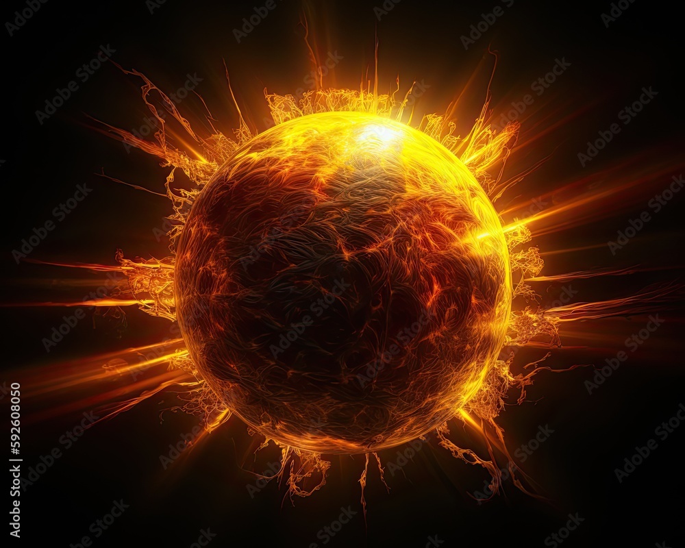 The sun seen close up with explosions on its surface on a black ...