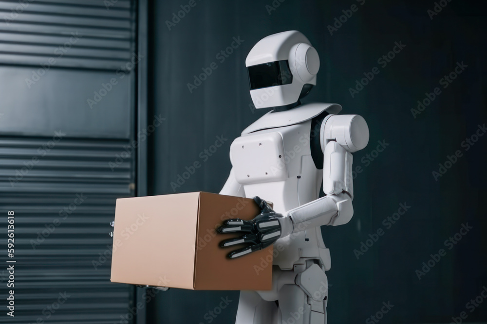 Humanoid AI delivery robot postman holding blank parcel box, standing ...
