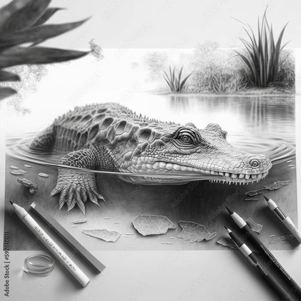 Pencil sketch cute art alligator animal drawing AI Generated Stock ...