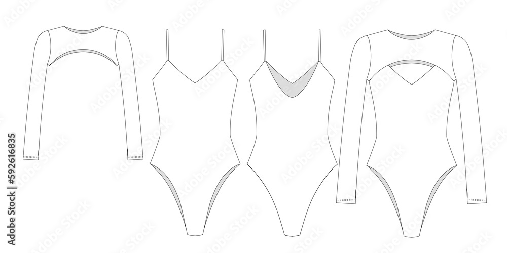 "Woman and girl sustainable swimwear, technical drawing, outline ...