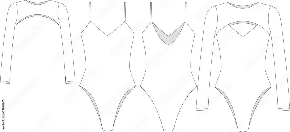 "Woman and girl sustainable swimwear, technical drawing, outline ...