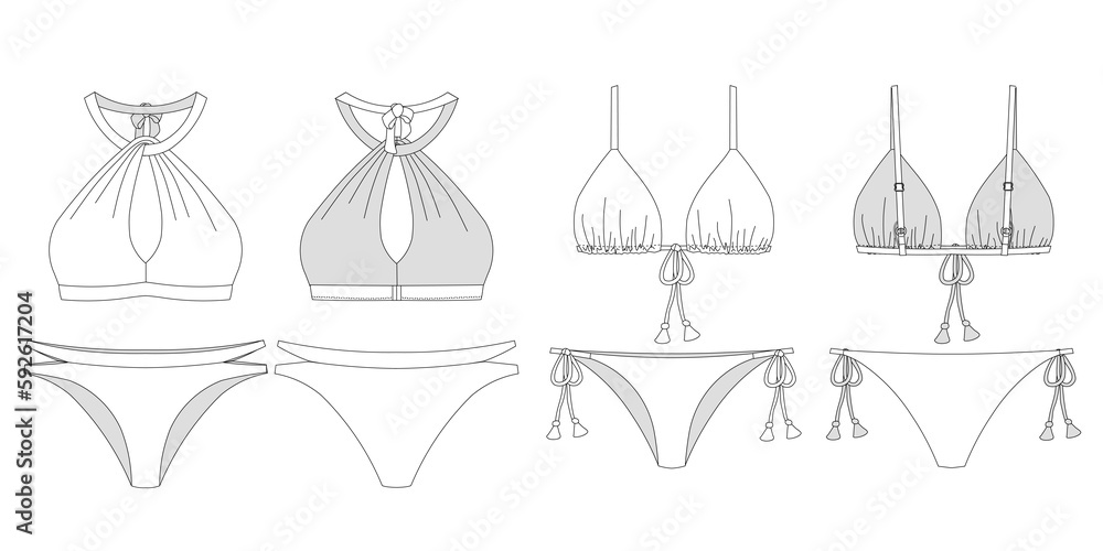 "Woman and girl sustainable swimwear, technical drawing, outline ...