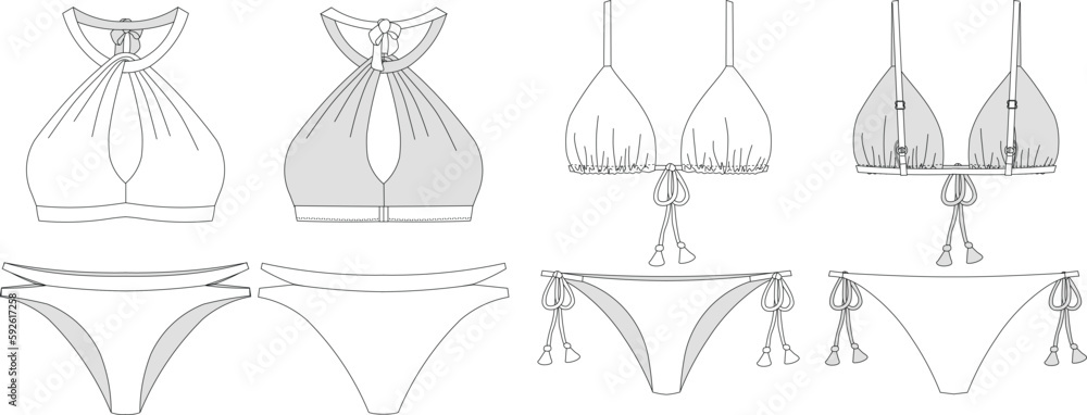 "Woman and girl sustainable swimwear, technical drawing, outline ...