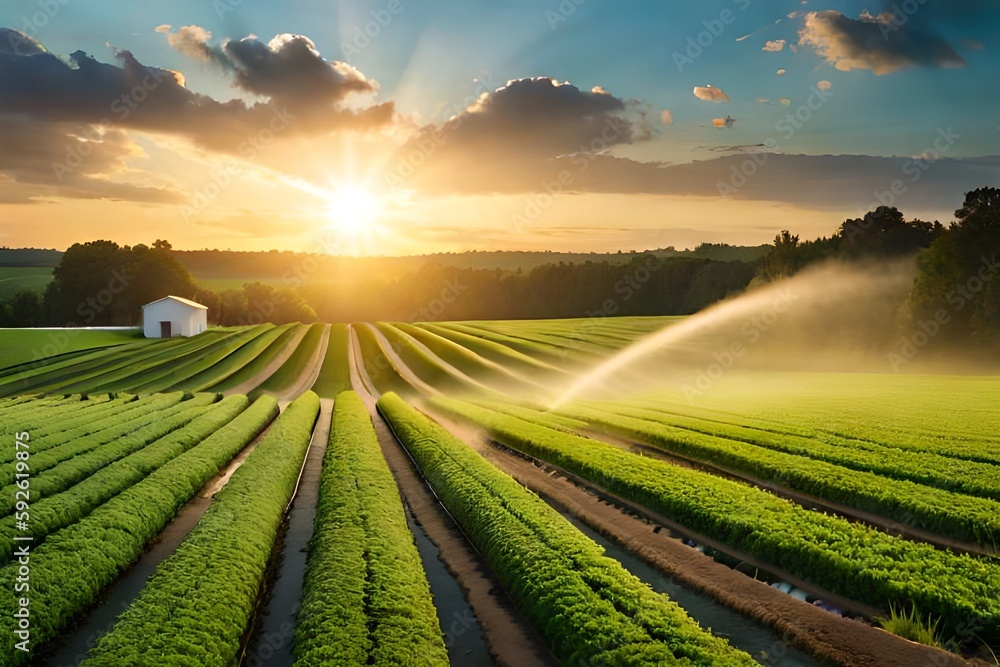 Irrigation system on agricultural soybean field, rain gun sprinkler on ...