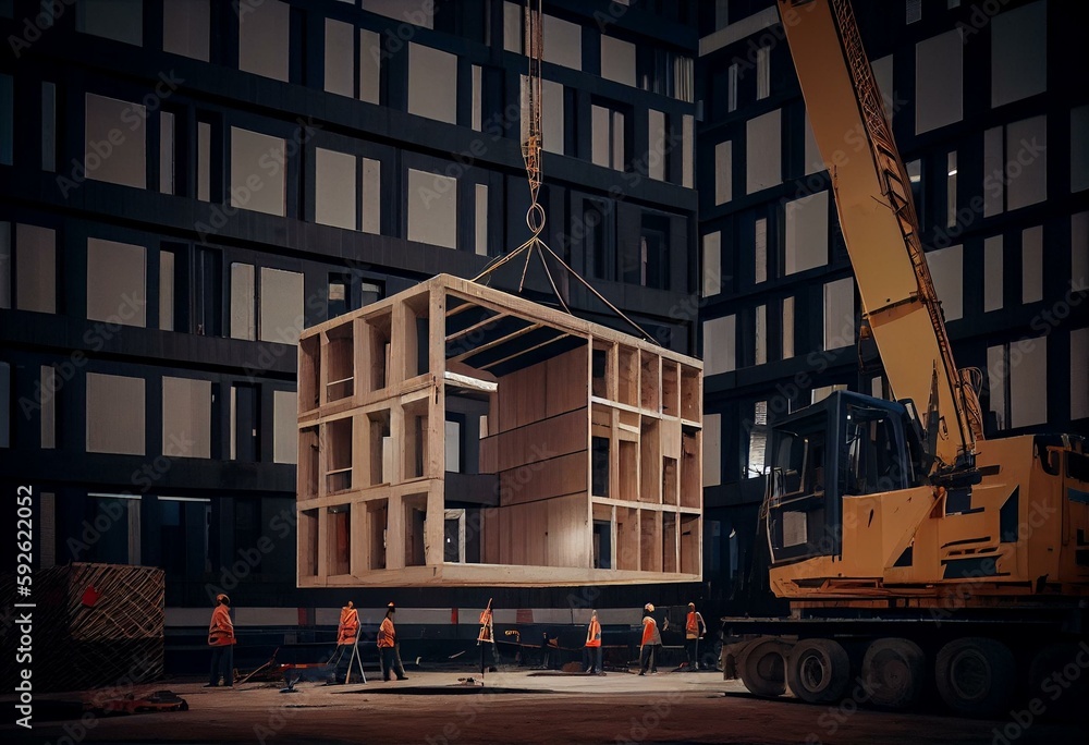Crane lifting a wooden building module to its position in the structure ...