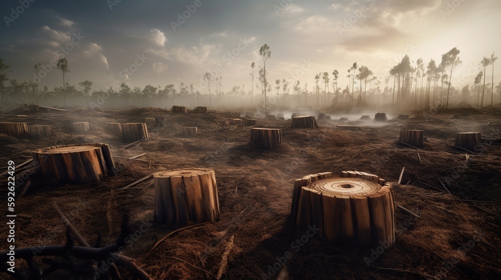 Illustration of negative impact of deforestation. Many stumps and ...