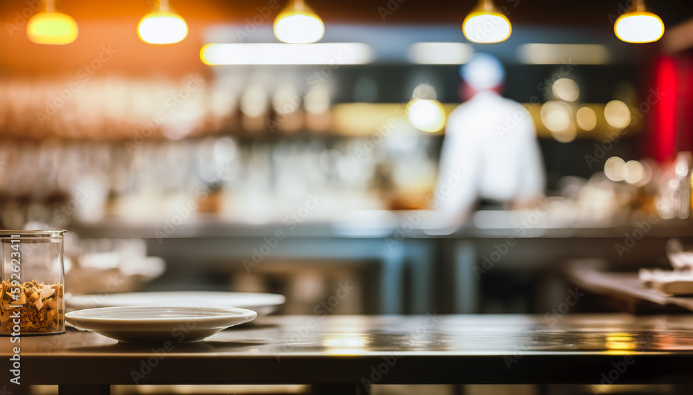 Professional restaurant kitchen with blurred cook on backdrop. Indoor ...